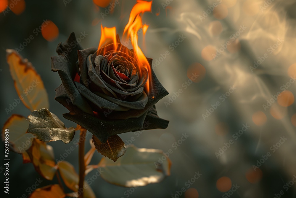 A single black rose, its petals alight with flames, set against a ...