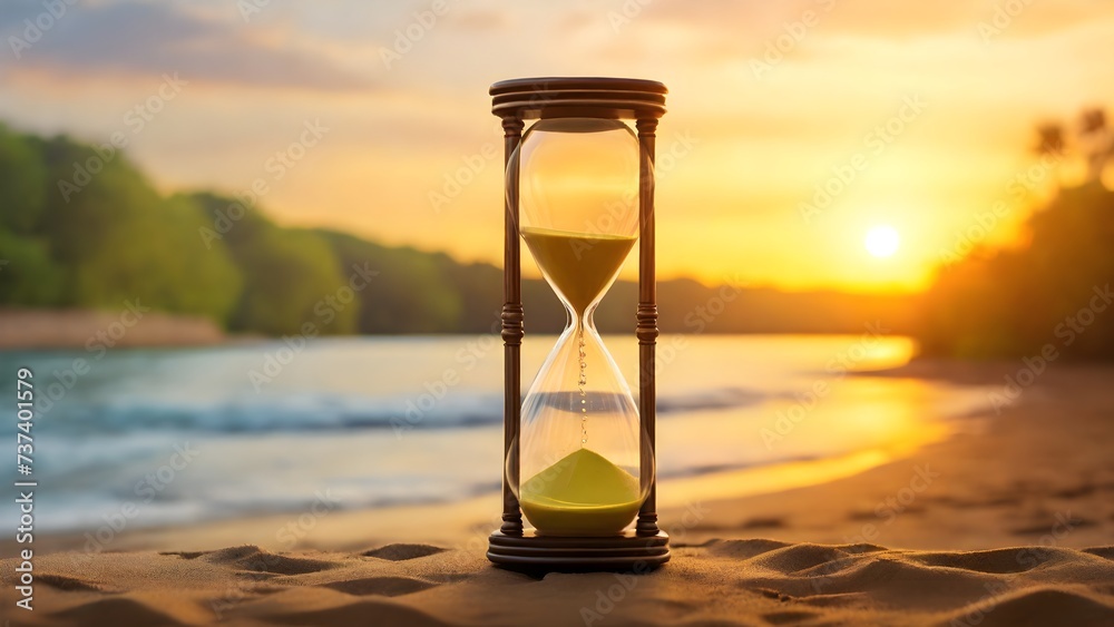 hourglass on yellow background. Daylight saving time end, real estate ...