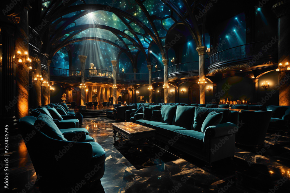 Visualize the immersive atmosphere of a cinema interior, featuring ...