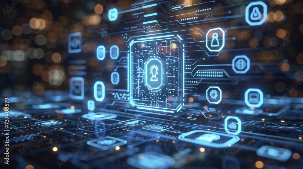 Digital identity verification process in neon blue, with icons for ...