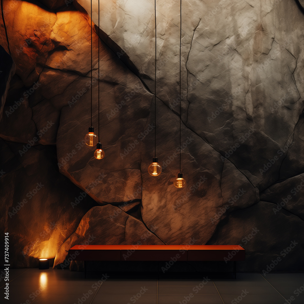 Architectural space with a wall of natural stone and tungsten style ...