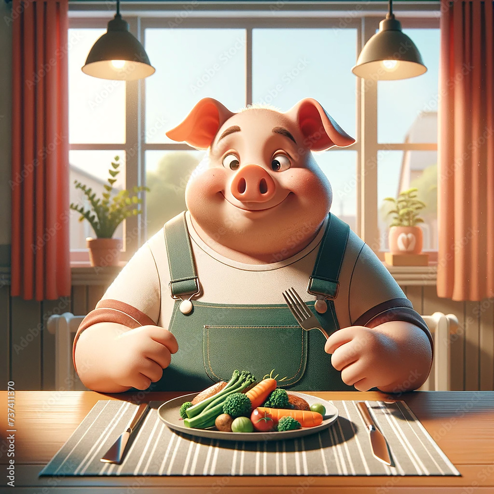 Cochon habillé assis à une table qui mange des légumes dans une ...