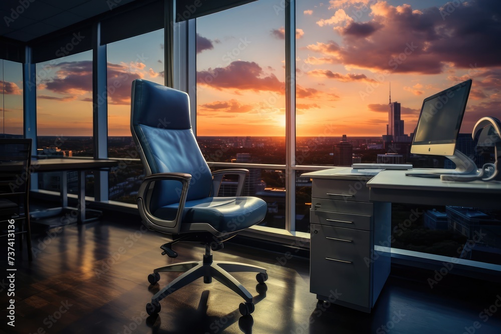 the interior design of a modern office, glass door, and mirror office ...