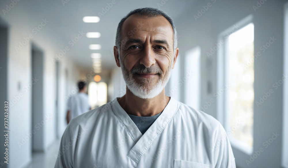 Confident Old Turkish Male Doctor or Nurse in Clinic Outfit Standing in ...