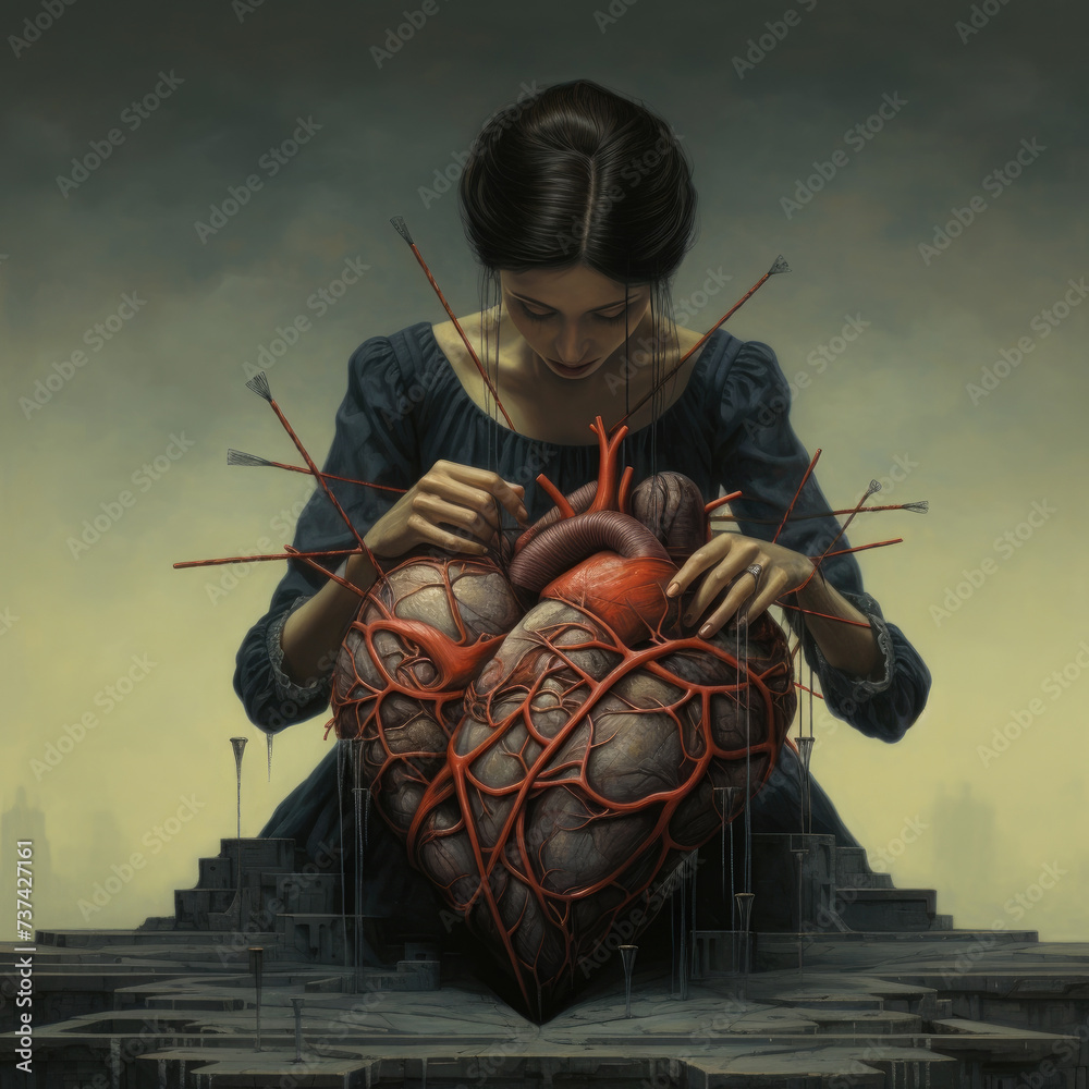 Enigmatic woman sewing a massive heart in a dystopian environment Stock ...