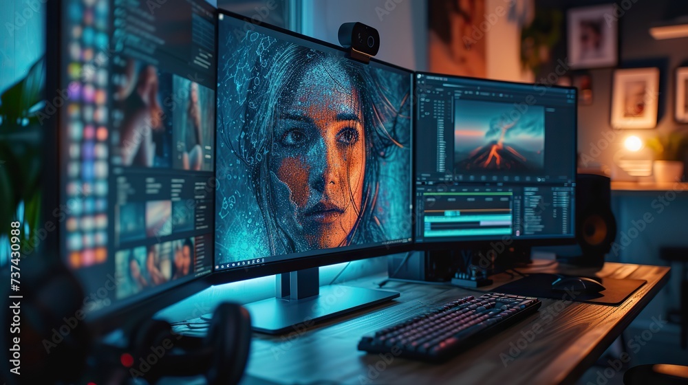 A graphic designer's workspace featuring dual monitors with creative ...