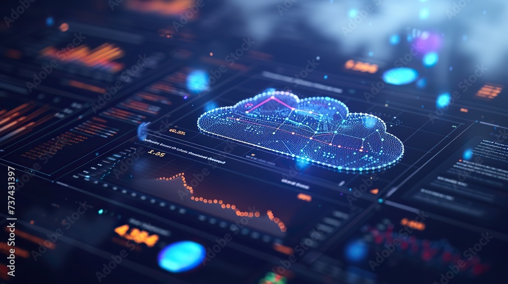A control dashboard in a dark room visualizing cloud computing data and services with a 3D ...