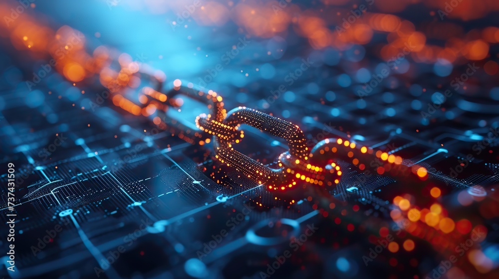 A close-up view of glowing digital blockchain links on a dark ...