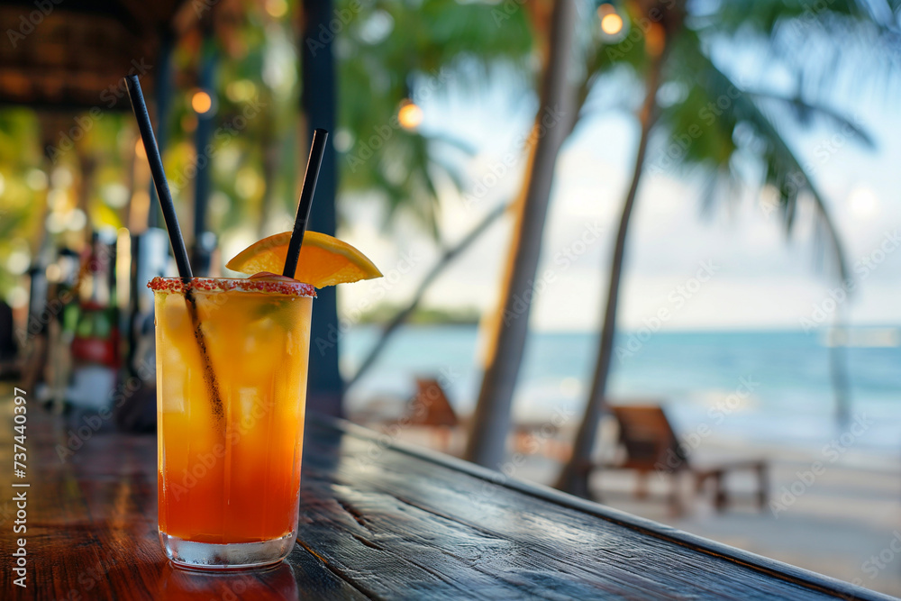 Tropical cocktail on a beach cafe table. Refreshing fruit cocktail on ...