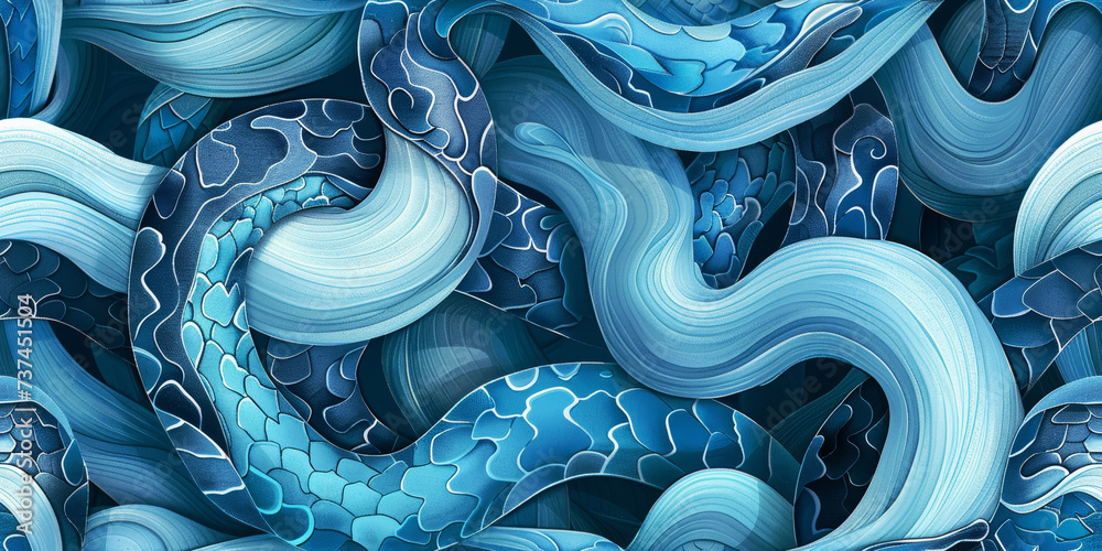 Seamless pattern. Illustration of wavy creatures in blue and white ...
