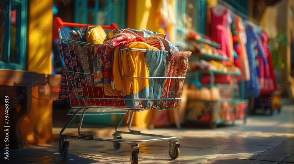 Visualize a digital shopping cart overflowing with the latest fashion ...