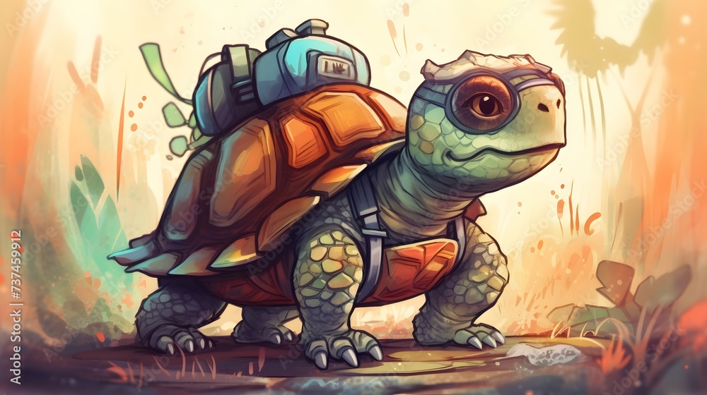 Turtle dressed as an explorer . The background is a mix of bright ...
