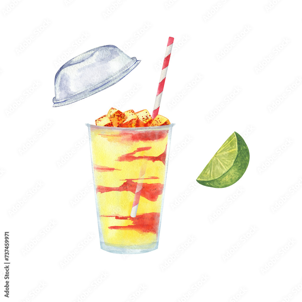 Watercolor summer Mangonada in plastic cup with straw and lime slice ...