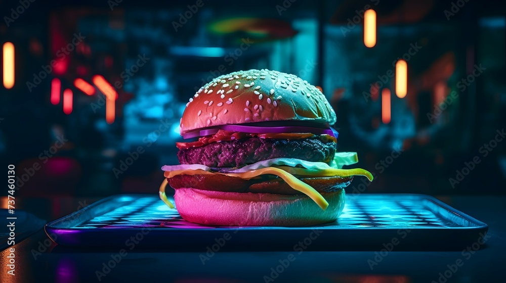 Futuristic burger in a high-tech restaurant . The background is a mix ...