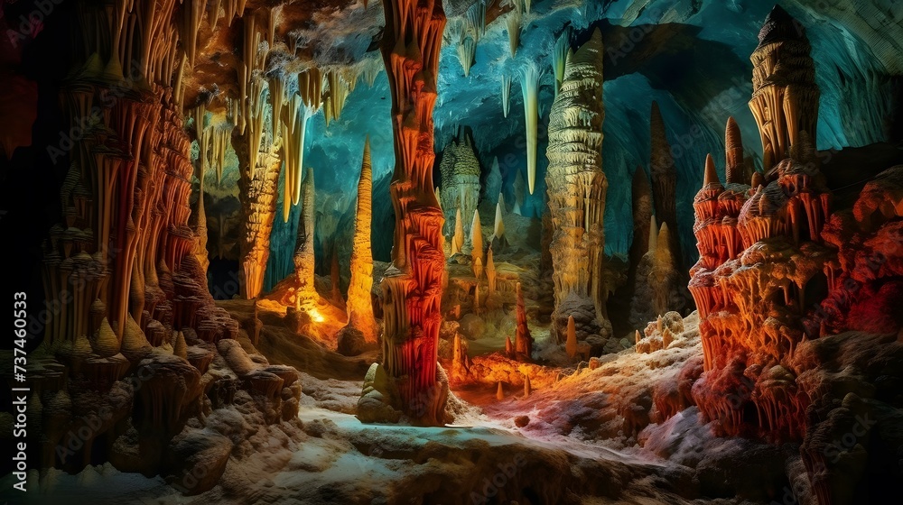 A mysterious cave with stalactites and stalagmites . The background is ...