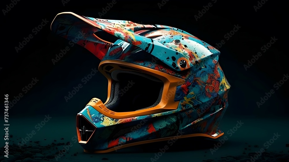 Motocross Helmet . The background is a mix of bright colors and ...
