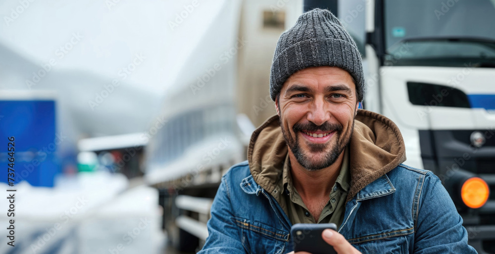 Smiling truck driver using smartphone by his vehicle Generative AI ...