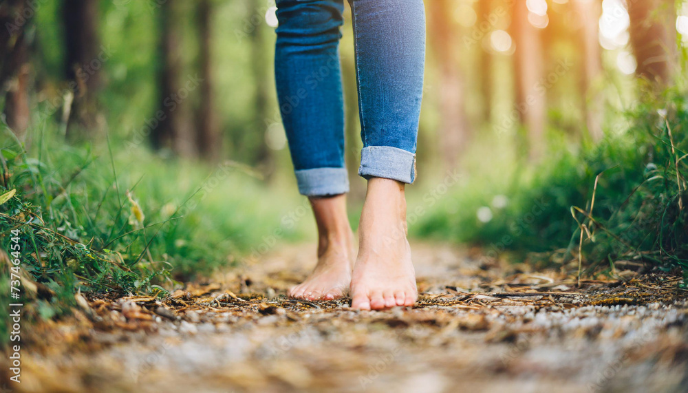 Barefoot woman standing outdoors, symbolizing connection to nature and ...
