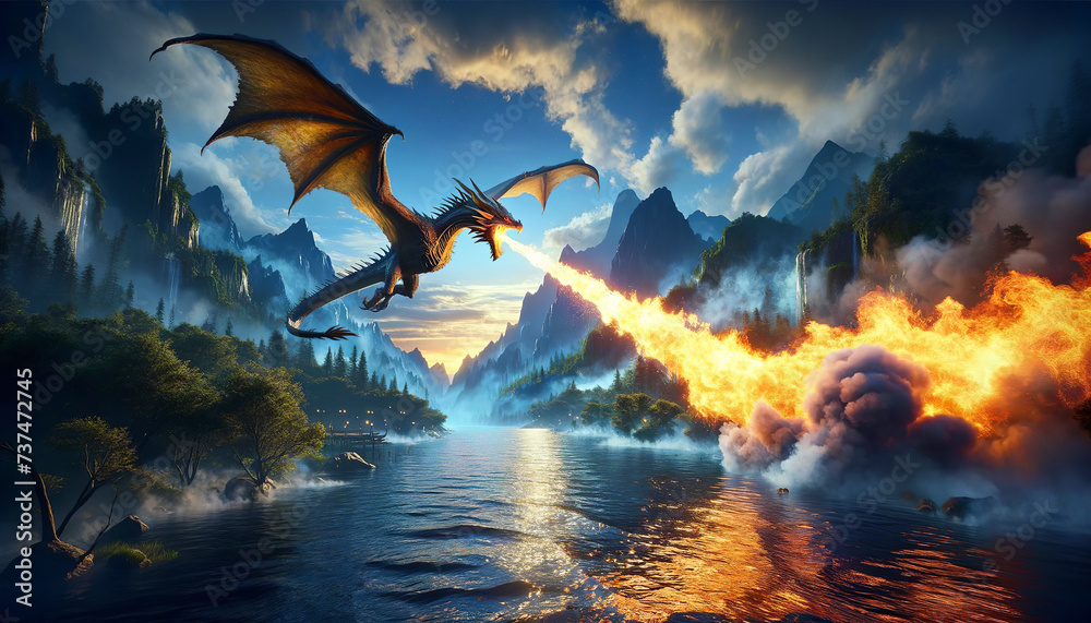 A majestic dragon exhales fire over a mystical landscape with towering ...