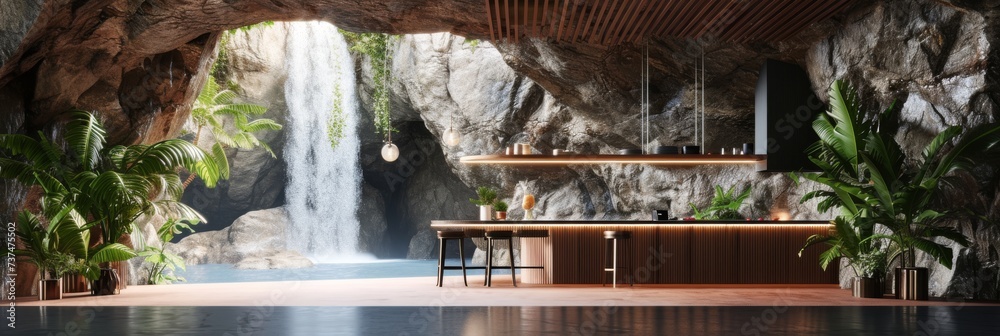 Mountain Waterfall Cave Style Interior - Open Mountain Waterfall ...