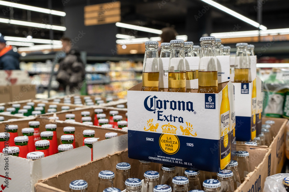 A 6 pack of Corona Extra Beer. Corona Extra glass bottles at the grocery store. Minsk, Belarus ...