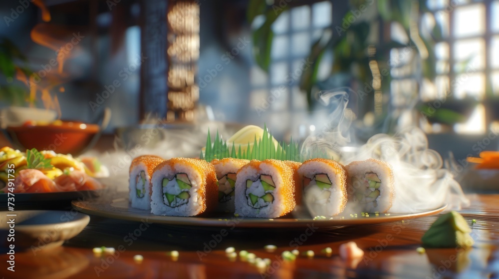 Sushi Set with Atmospheric Smoke - A sushi set enhanced by atmospheric ...