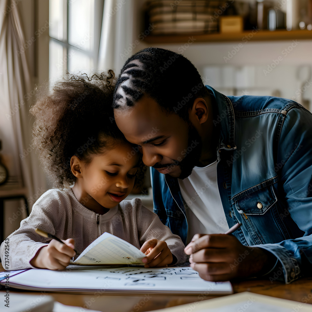 African american father doing homework with his daughter. Black dad ...