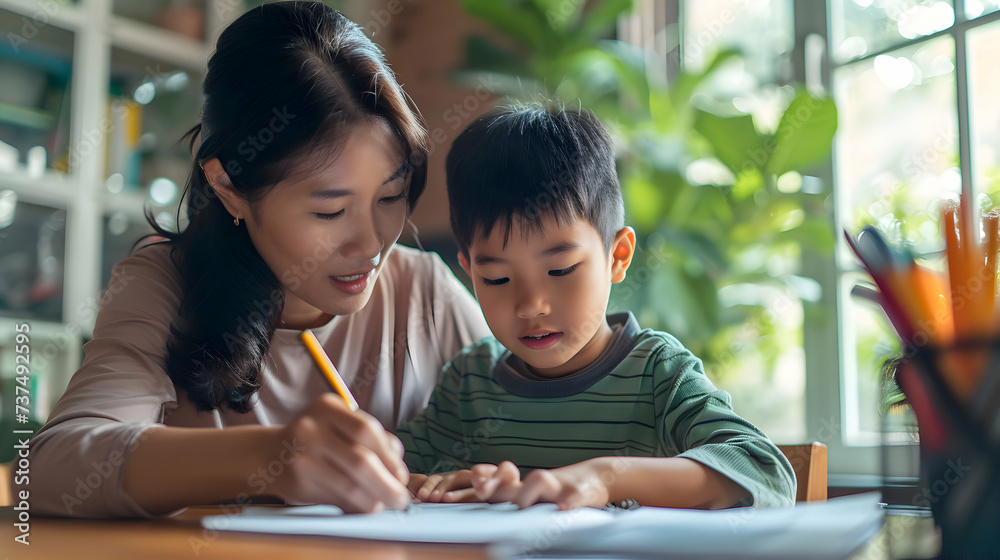 Asian mother doing homework with her son. Korean mum helping kid to ...