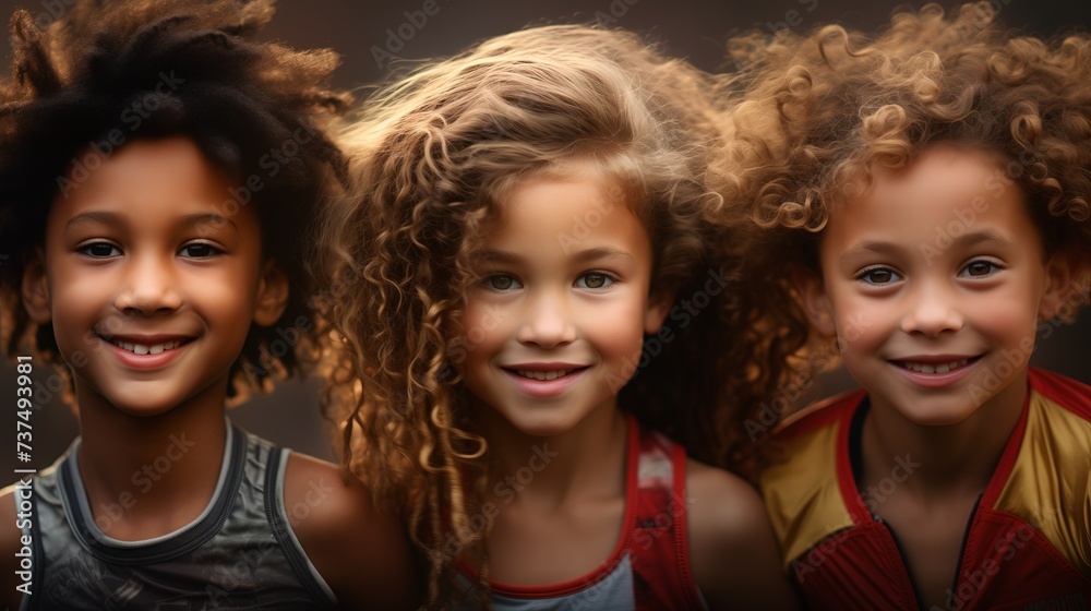 Three happy children with curly hair are smiling together for a picture ...