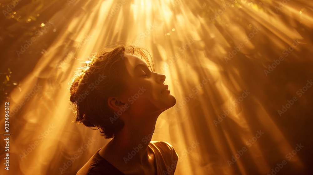 Photo & Art Print Hope: A person standing in a beam of sunlight, face ...