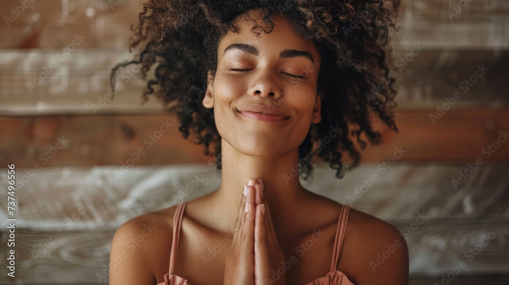 Gratitude: A person with closed eyes and a serene smile, hands pressed ...