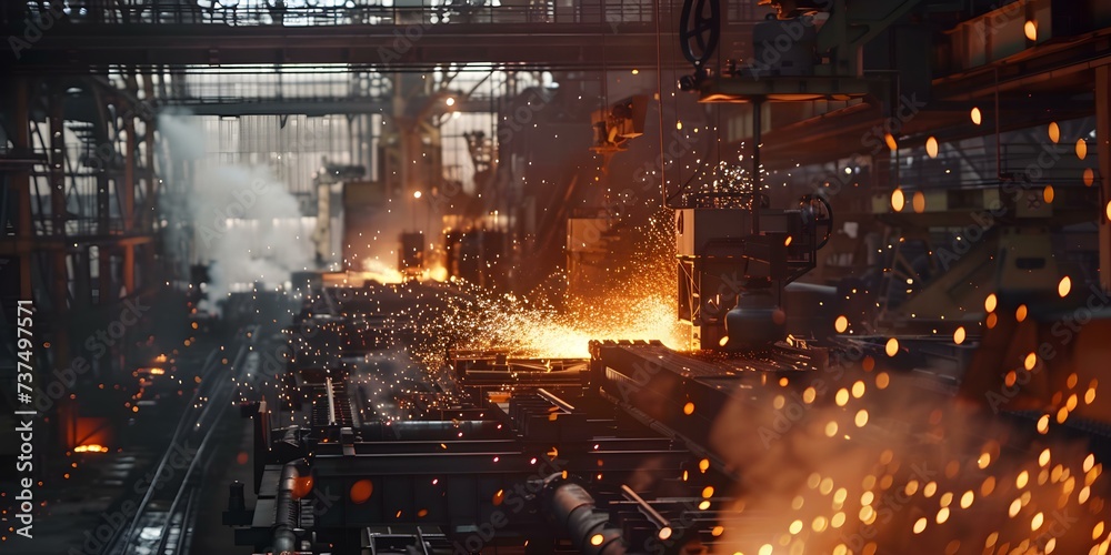 Foto de Dynamic industrial metal factory with machinery sparks and ...