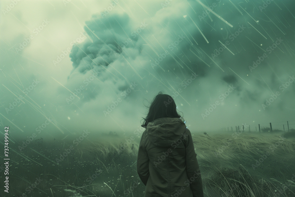 Woman facing a brewing storm, concept of facing adversity or mental ...