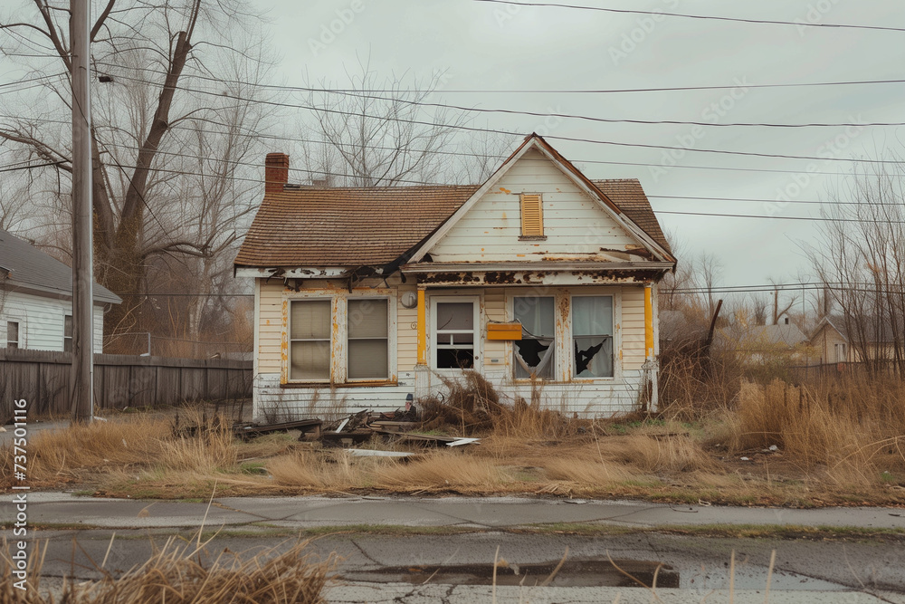 Abandoned old house with broken windows surrounded by an overgrown yard ...