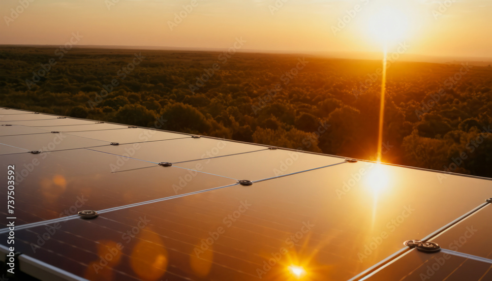 Amidst blooming sunflowers, a solar panel captures the sunset's glow ...