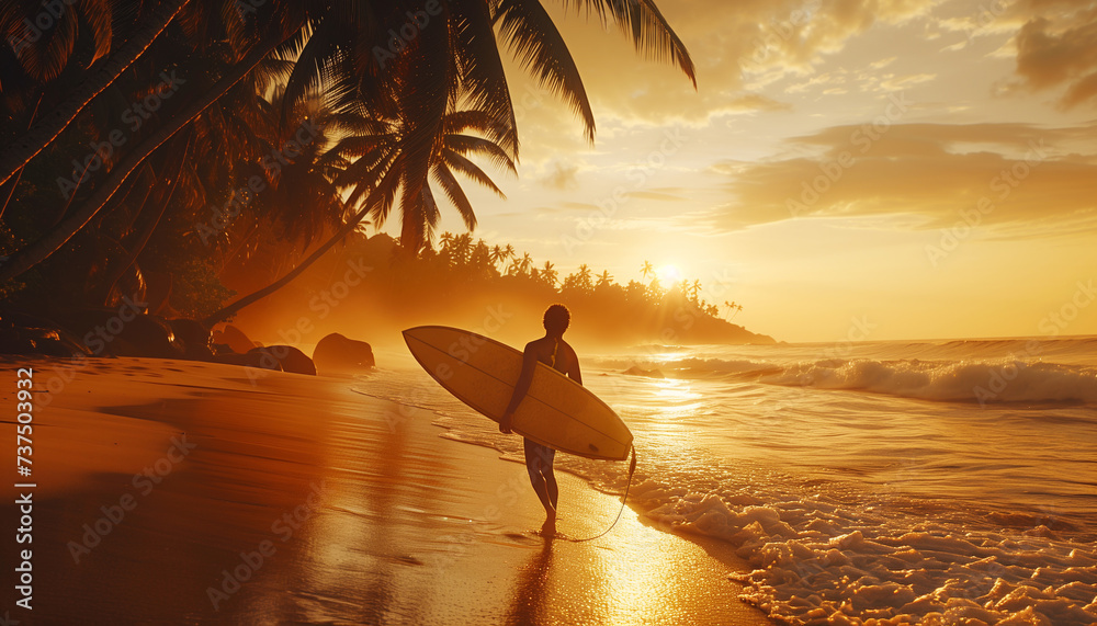 Active surfer woman go out ocean waves after surfing with long board on ...