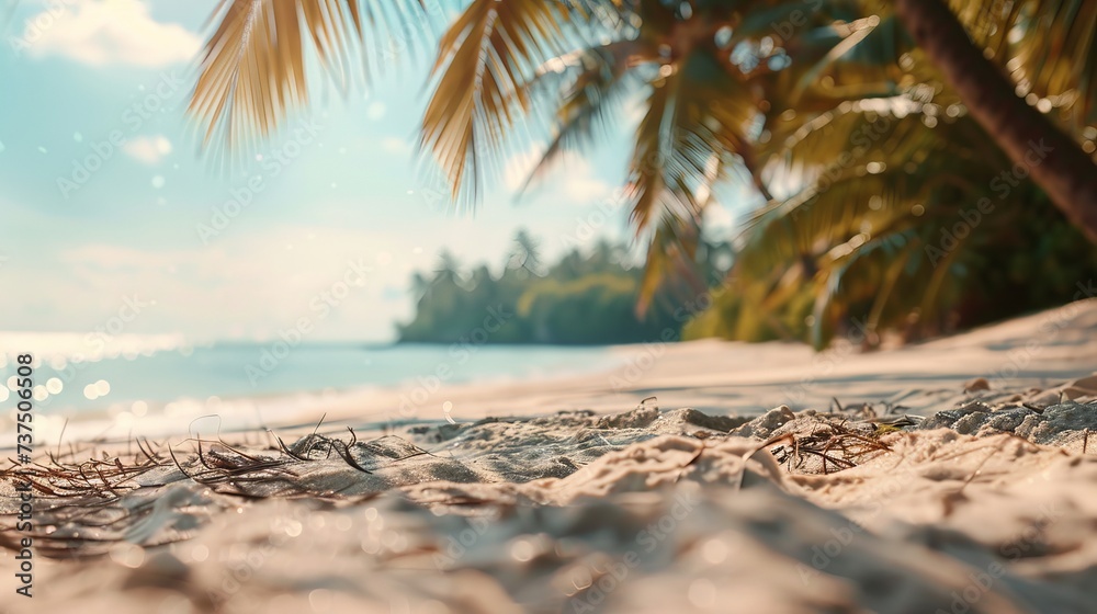 A summer paradise captured with an exotic sandy beach in the foreground ...