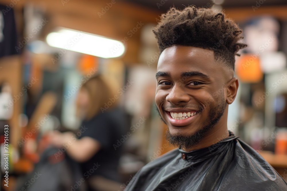A young man with a big smile on his face sits in a barber chair while ...