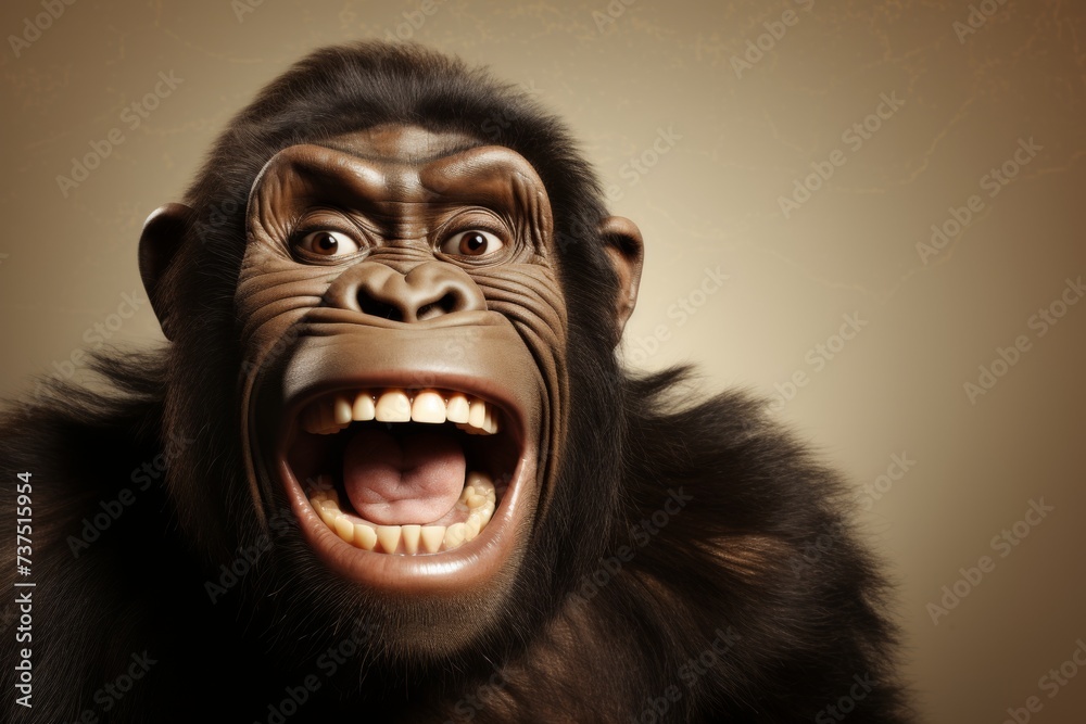 This image shows a close-up of a monkeys face. The monkey has its mouth ...