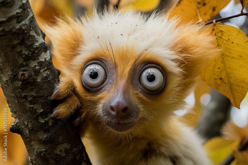 A close-up portrait of an aye-aye lemur, a native nocturnal primate of ...