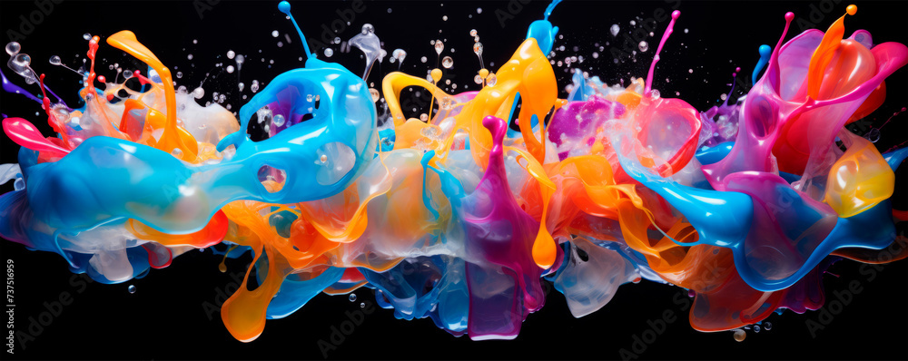 Expansive swirls of paint float against a black backdrop, forming a ...