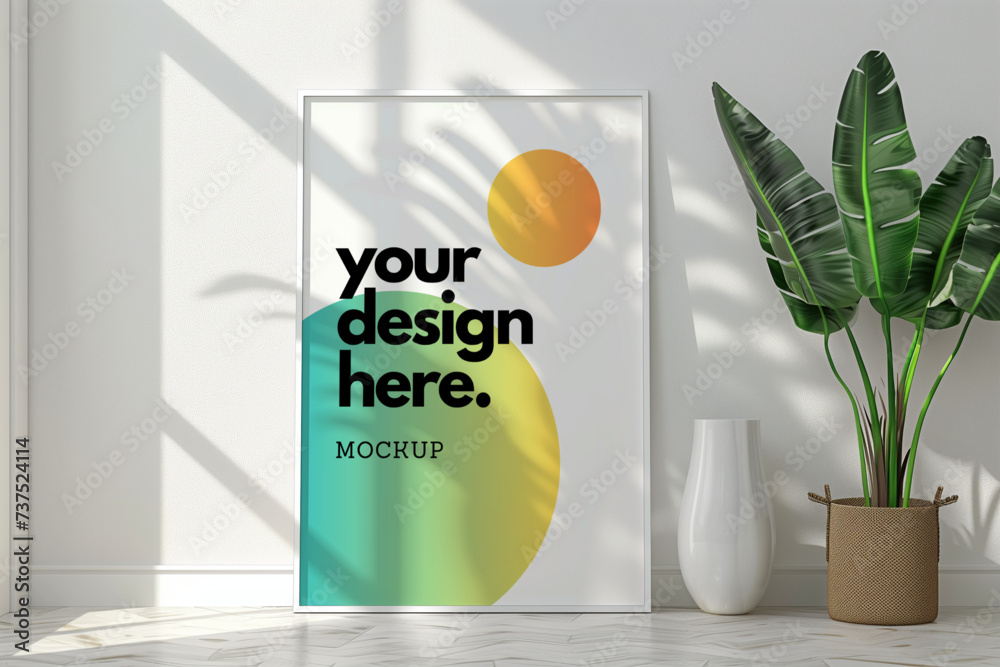 Poster mockup - white frame in a white background indoor with plant and ...