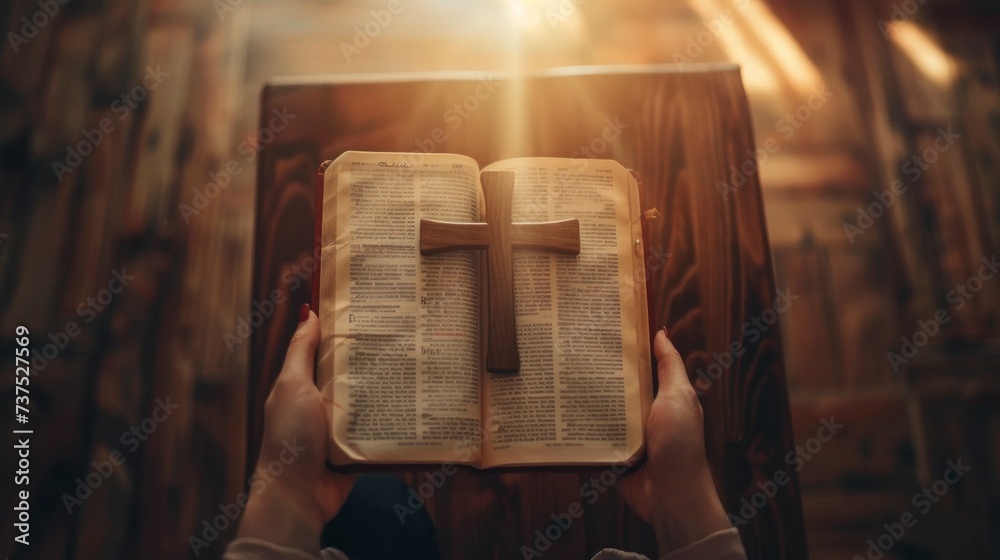 beautiful cross on a bible on an altar in a beautiful church in high ...