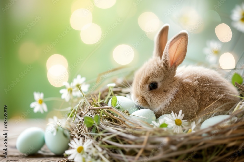 Happy Easter Eggs Basket Watering. Bunny in flower easter solemnity ...