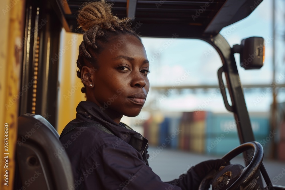 Black female forklift driver in industrial shipping yard representing ...
