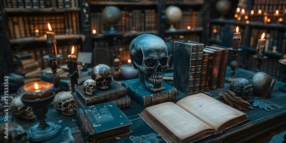 gothic witch interior with relics, magic items and spell books in an ...