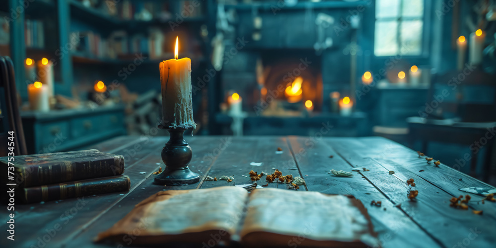 gothic witch interior with relics, magic items and spell books in an ...