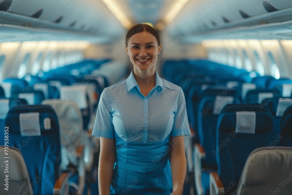 Female flight attendant pushing trolley through empty plane aisle Stock ...