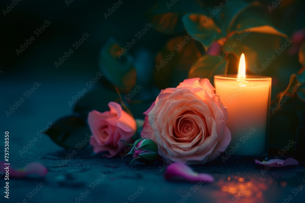 Condolence card with a candle and roses arrangement on a dark ...