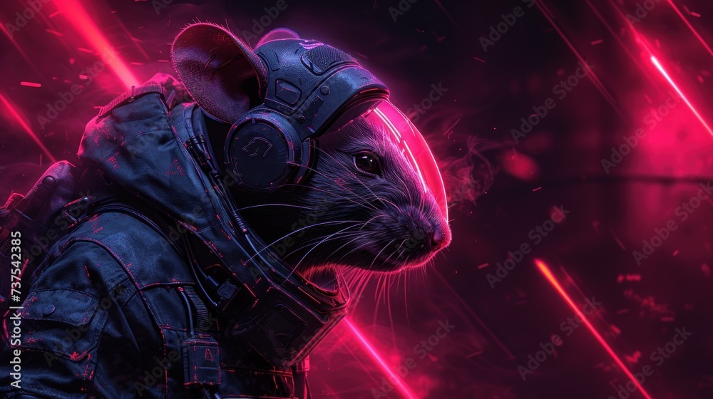 a rat in a space suit with headphones and a helmet on, in front of a ...